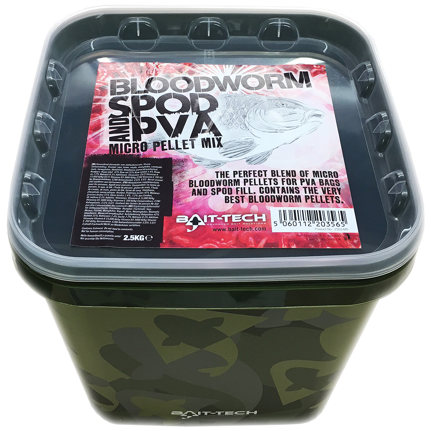 Bait-Tech Bloodworm Spod & PVA Micro Pellet Mix in Camo Bucket 2.5kg