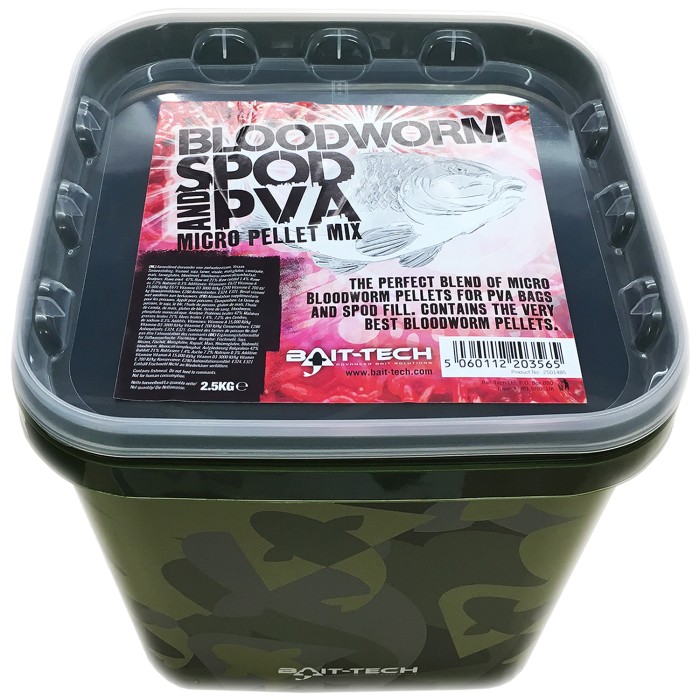 Bait-Tech Bloodworm Spod & PVA Micro Pellet Mix in Camo Bucket 2.5kg
