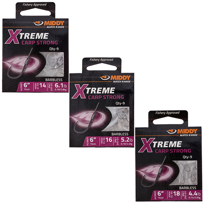 Middy Xtreme Carp Strong 93-13 Barbless Hooks-to-Nylon