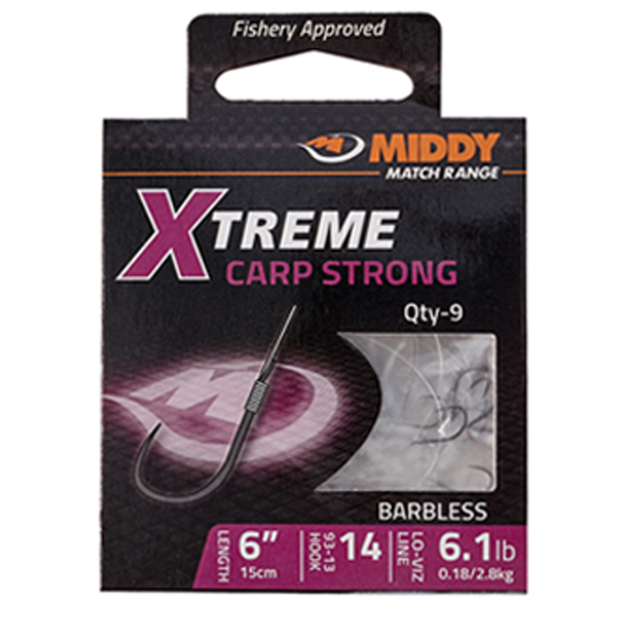 Middy Xtreme Carp Strong 93-13 Barbless Hooks-to-Nylon